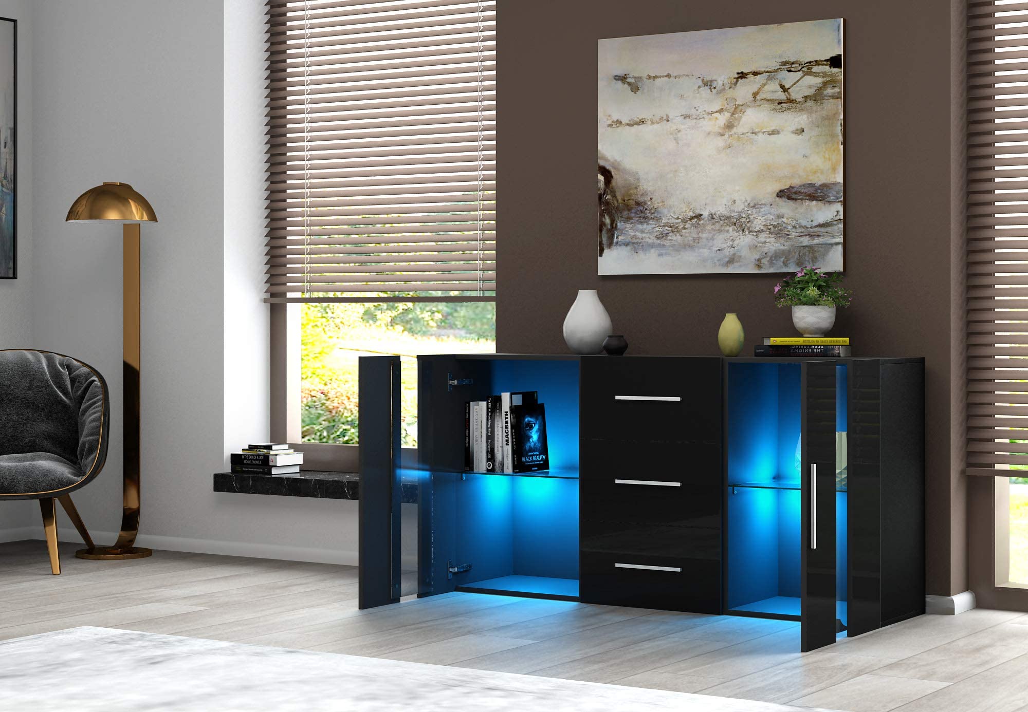 Panana 2 Doors 3 Drawers Sideboard Cupboard Unit Cabinet RGB LED ...