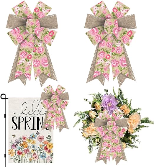 Amazon.com: 2pcs Spring Wreath Bows Pink Roses Flowers Burlap Bows for ...
