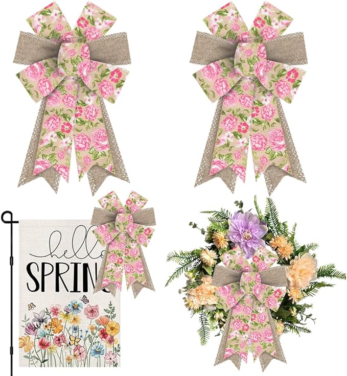 Amazon.com: 2pcs Spring Wreath Bows Pink Roses Flowers Burlap Bows for ...