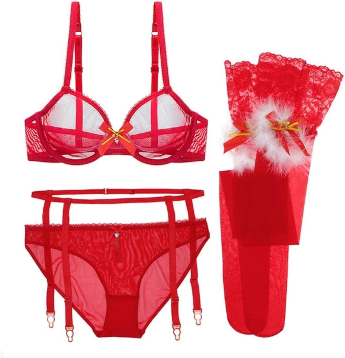 Merry Christmas Lady Bra Set Underwear Garter Stockings 4 Pieces of The ...