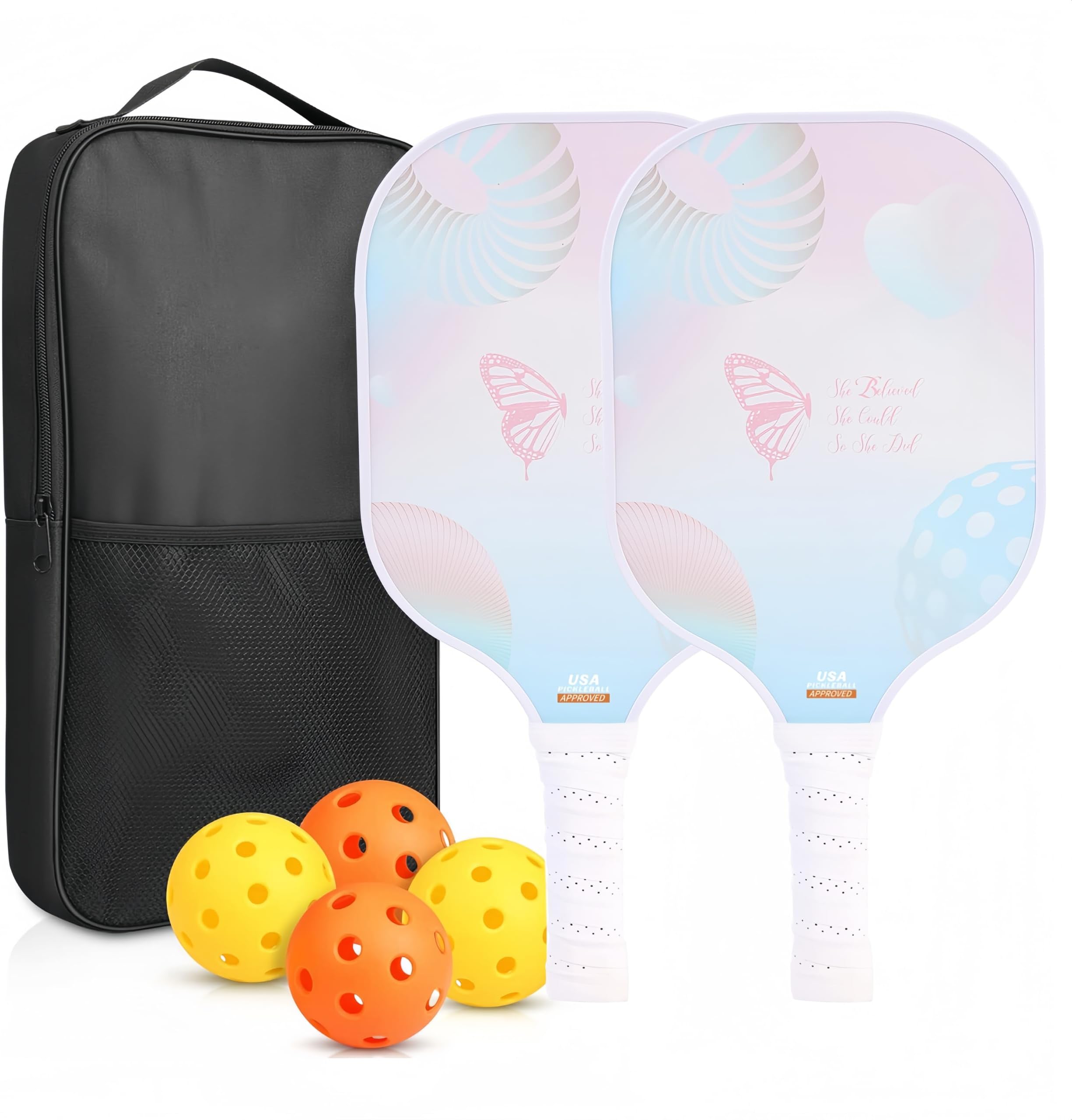 Pickleball Paddles Set, Fiberglass Pickleball Paddle Set of 2, 2 Outdoor 2 Indoor Pickleballs ...