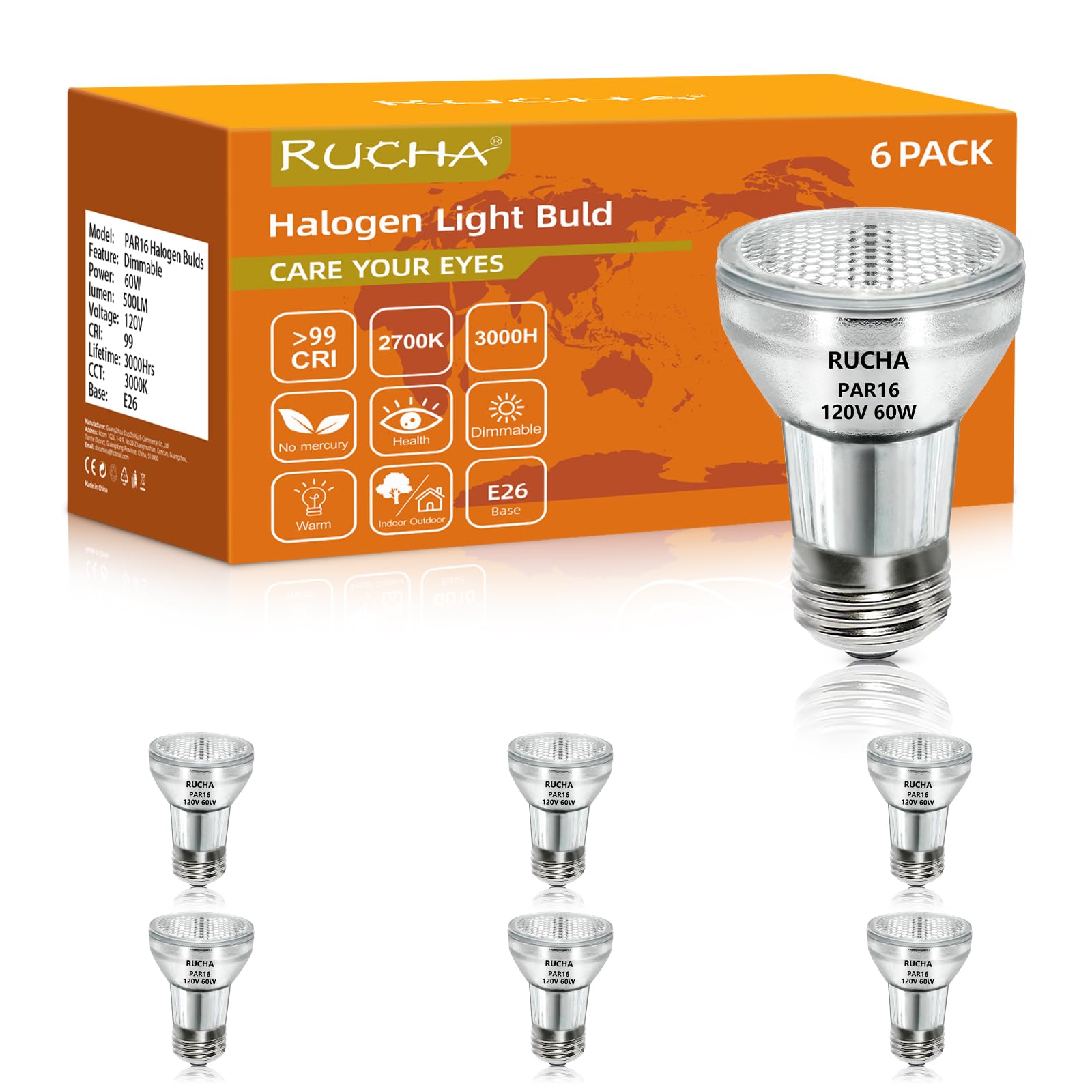 RUCHA PAR16 Light Bulds, 6 Pack PAR16 Halogen Bulb 60W 120V, Dimmable ...