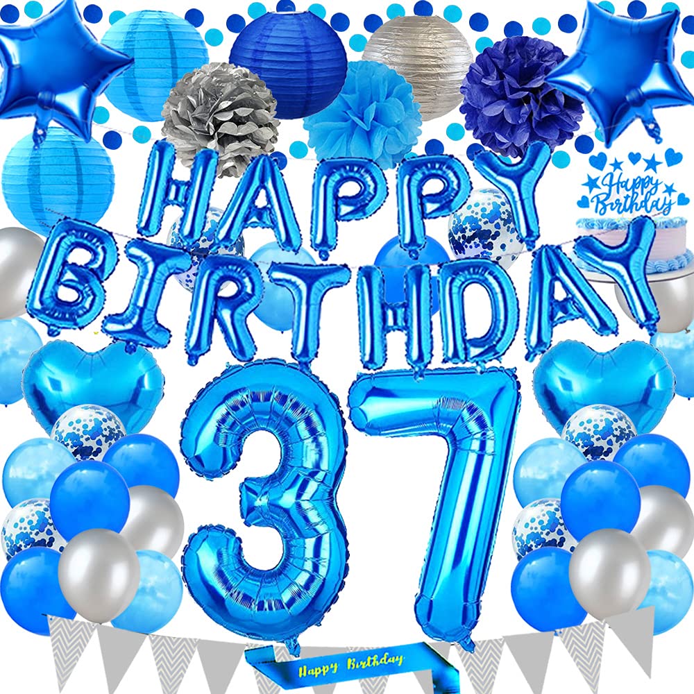Buy Santonila Blue 37th Birthday Decorations Happy Birthday Banner Sash ...