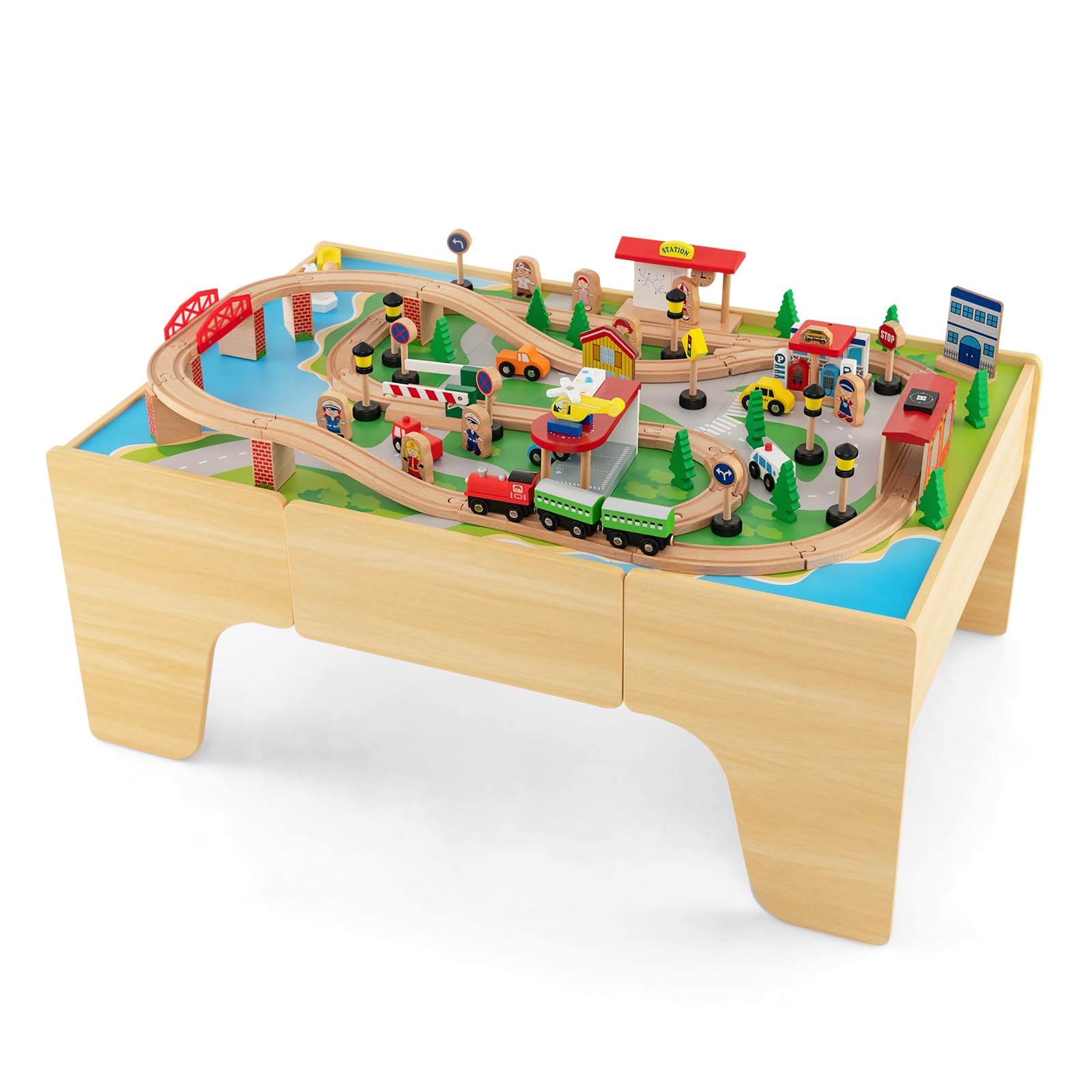 COSTWAY Train Track Set and Table, Wood Kids Play Tables with Drawer ...