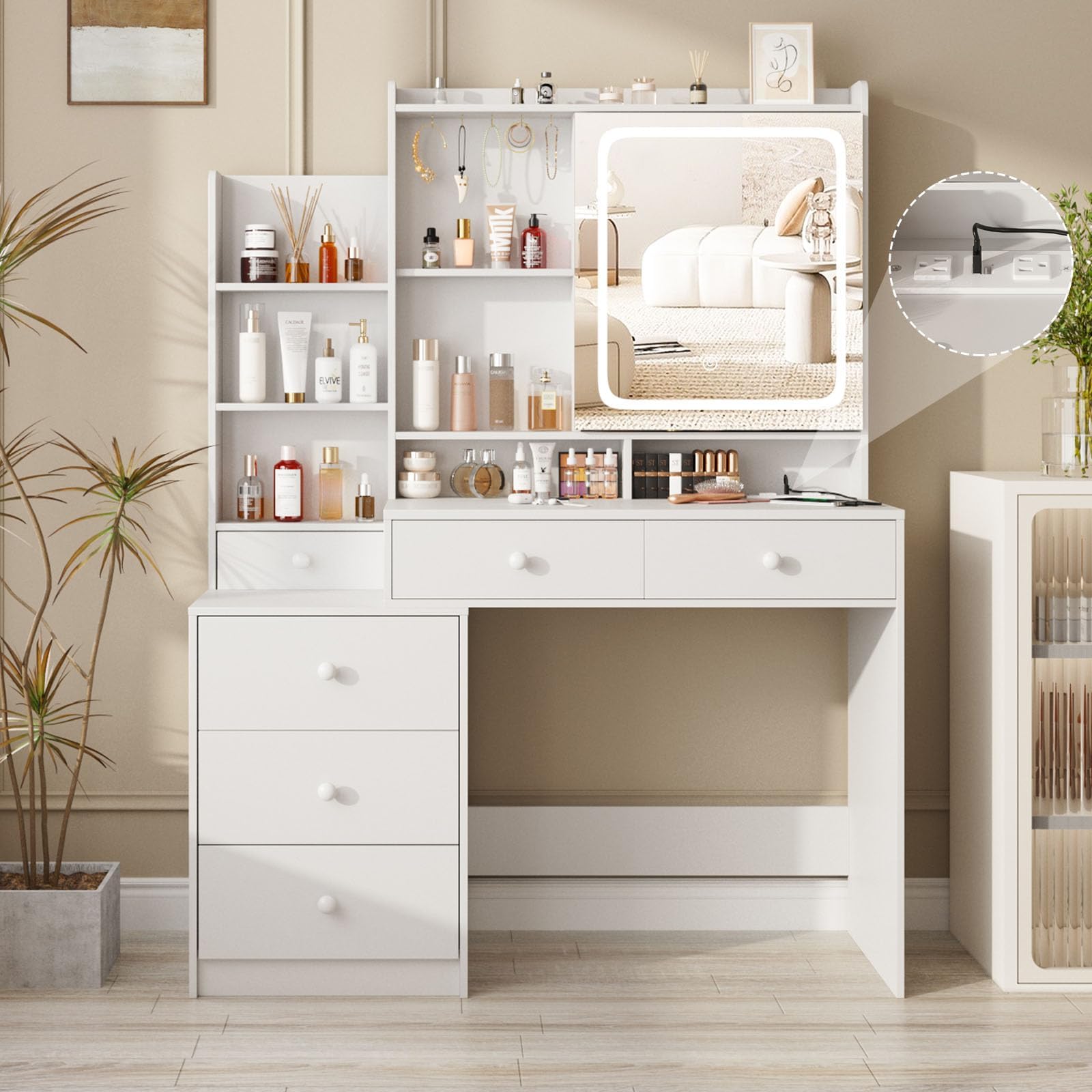 Amazon.com: Halitaa White Makeup Vanity with Led Mirror and Power Strip ...