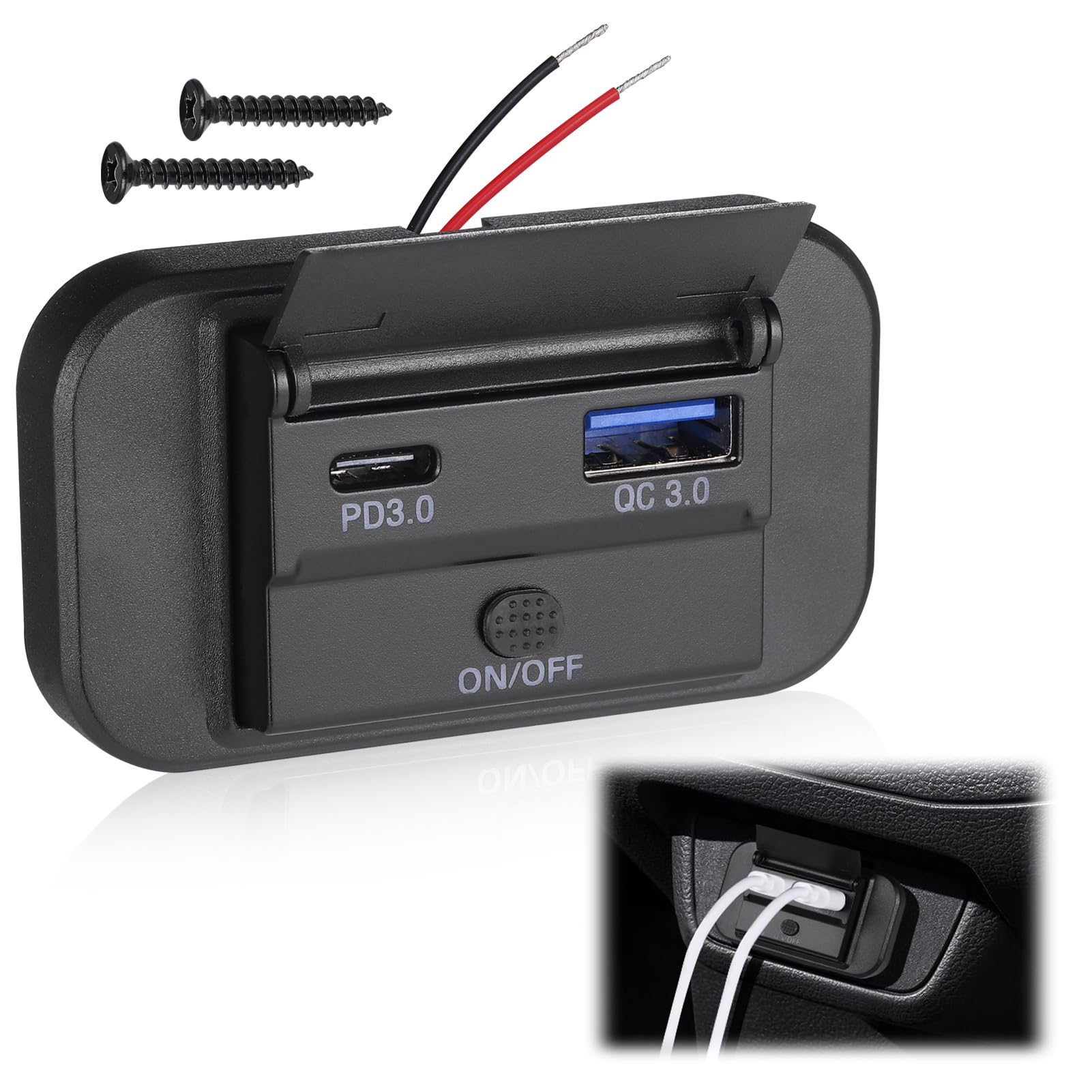 JIZZU Dual USB Car Charger Socket with Switch, PD USB C Charging Socket ...