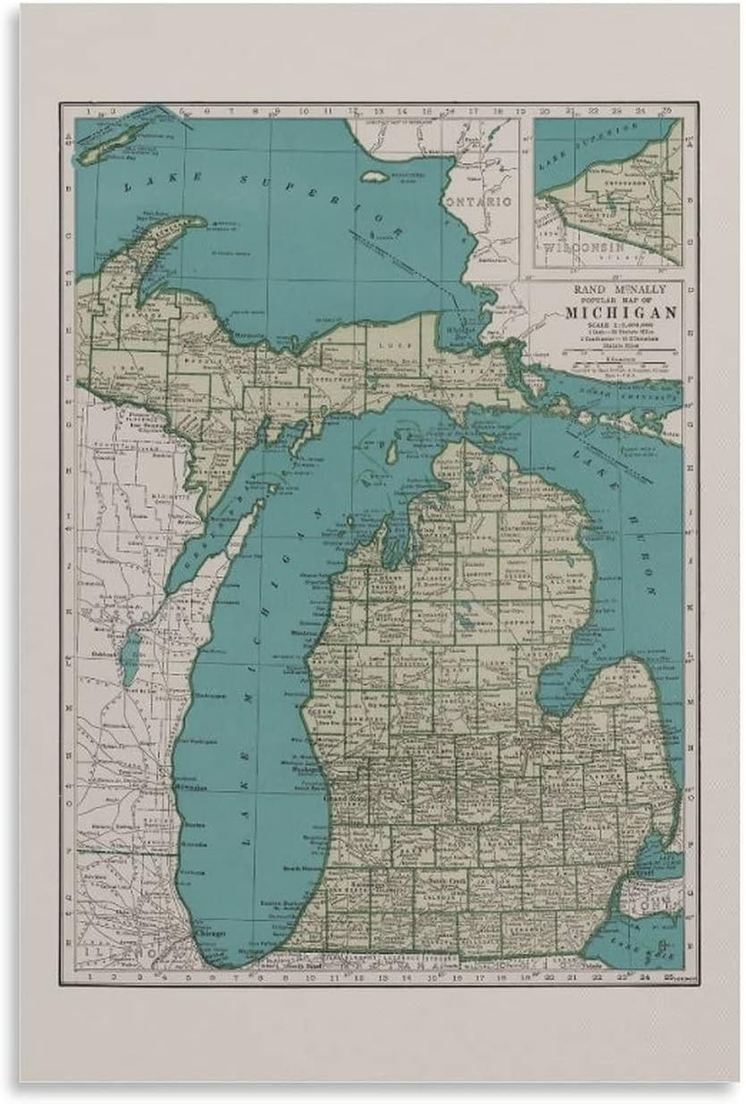 Amazon.com: VINTAGE MICHIGAN MAP - Vintage Map of Michigan Wall Art ...