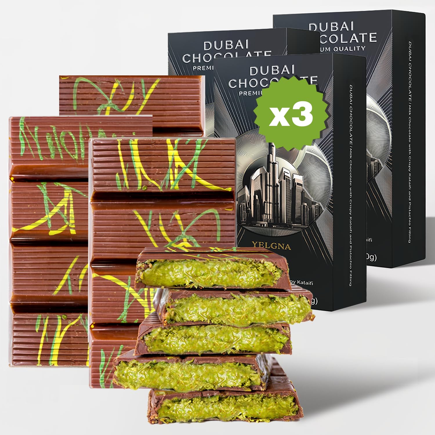 Amazon.com : Dubai Chocolate Bar Pistachio, Pack of 3 (3 Bars of 7.05 ...