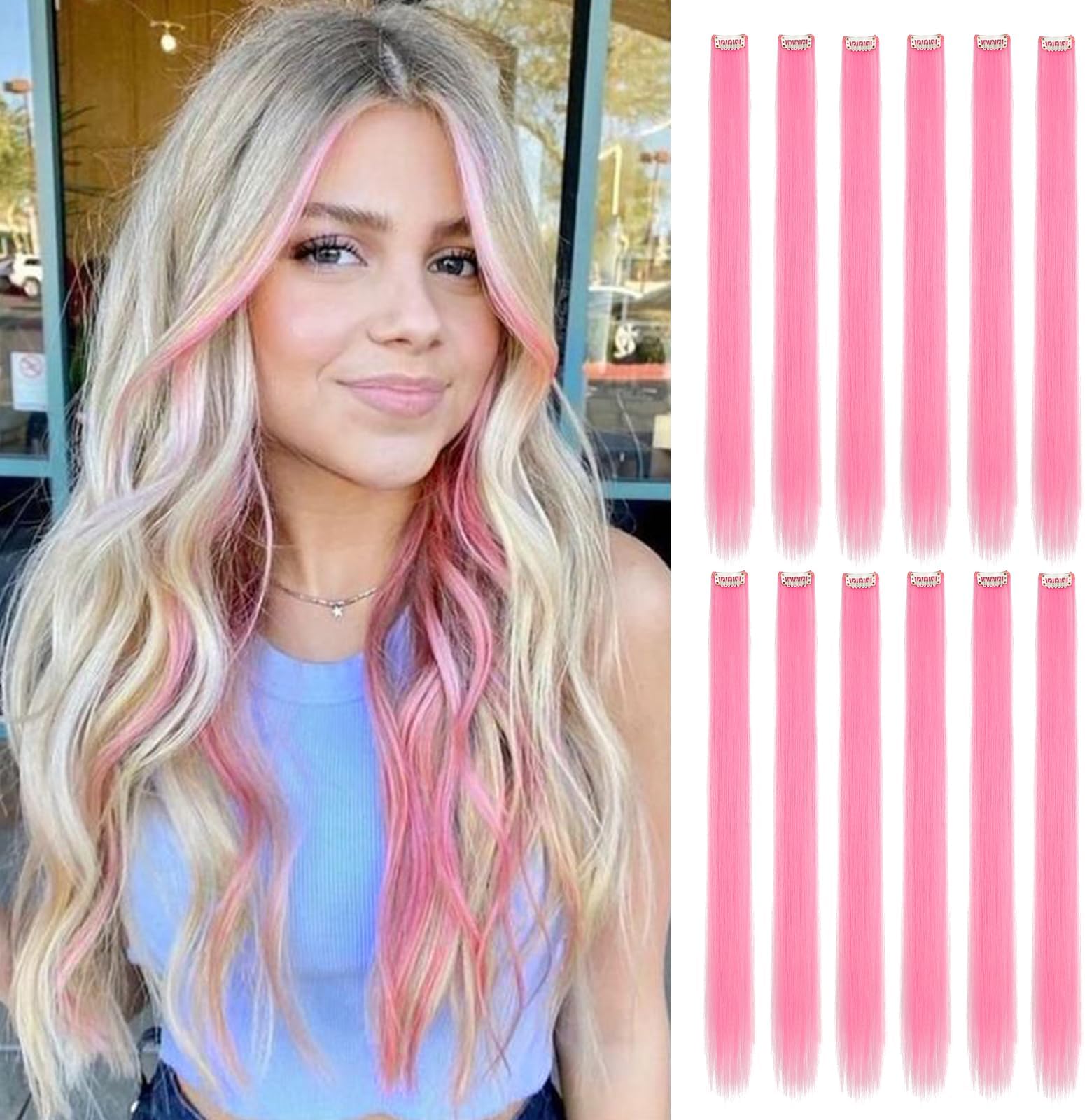 Amazon.com : Wodelanle 12 PCS Colored Pink Hair Extensions Clip in Hair ...
