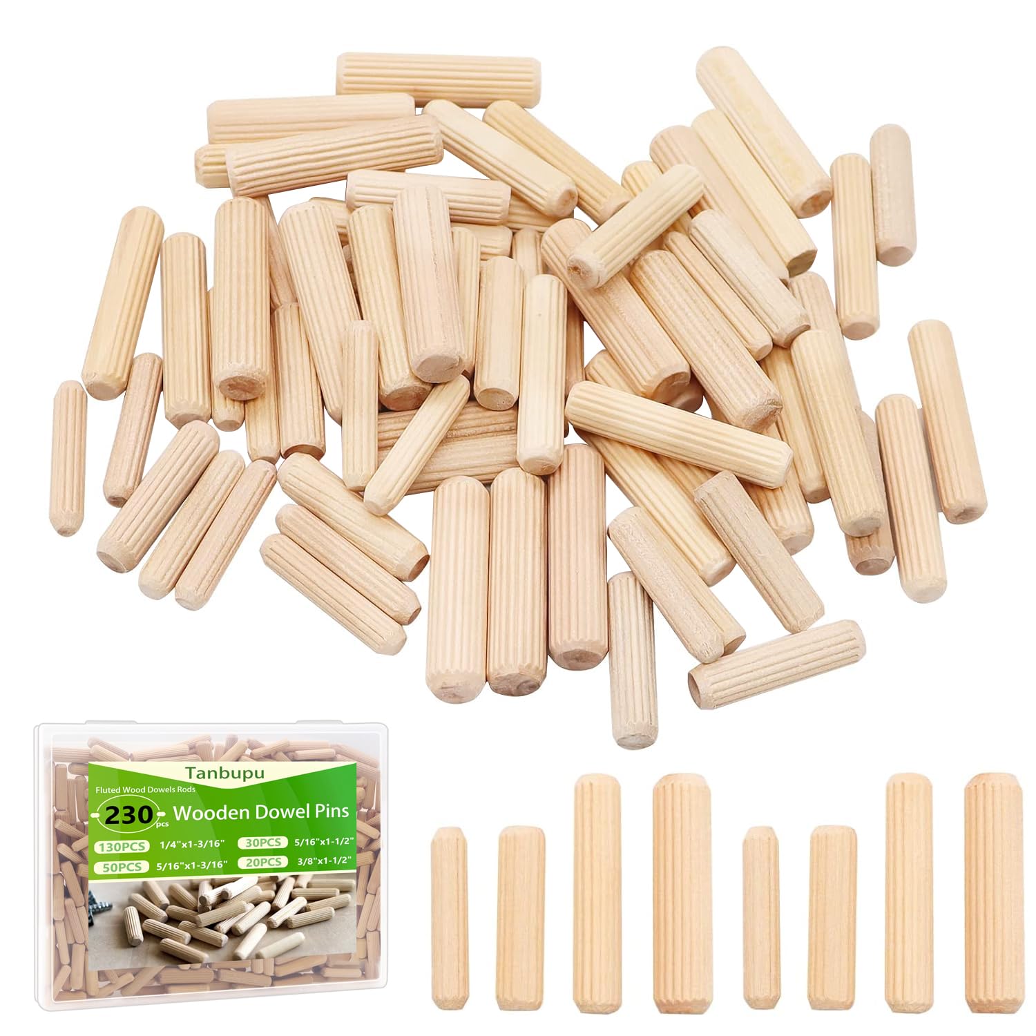 Tanbupu 230Pcs Wooden Dowels Assorted M6 M8 M10 Fluted Wood Dowels Rods ...