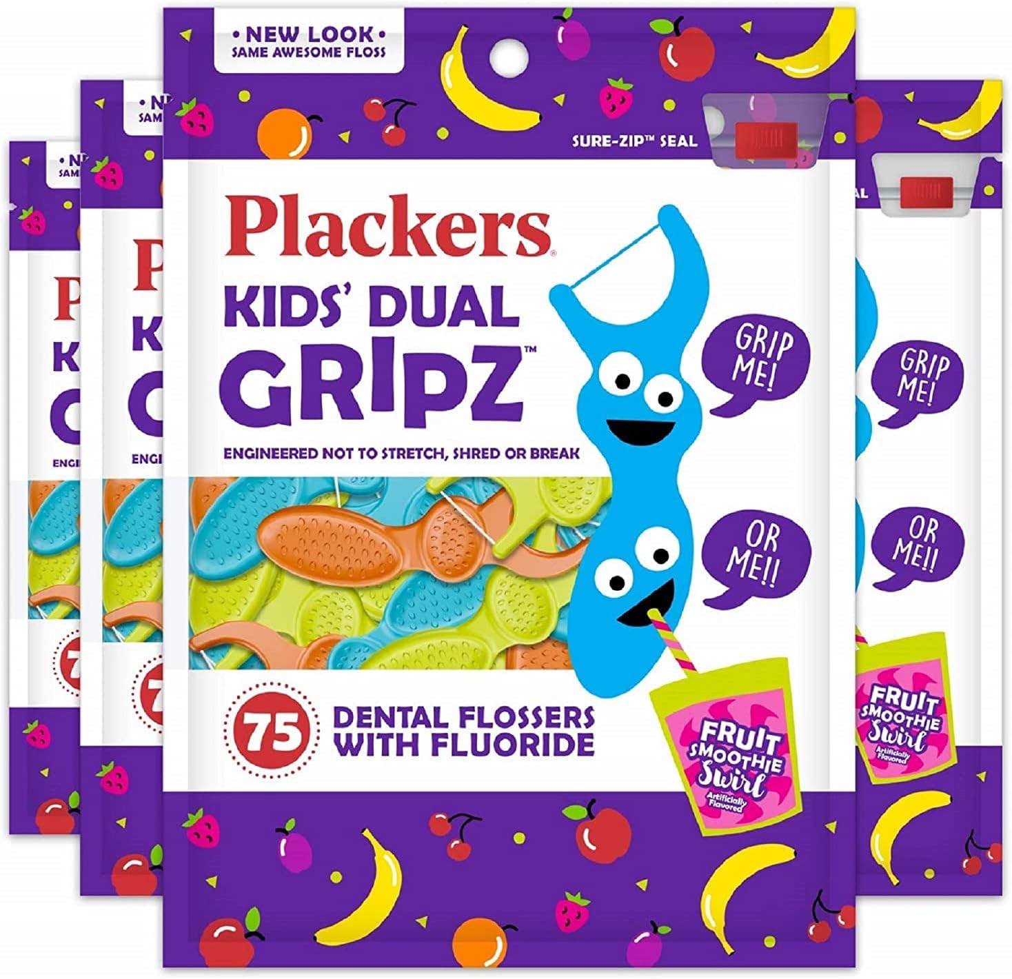 Plackers Kids Dental Floss Picks 75, Multicolor, Fruit Smoothie Swirl ...