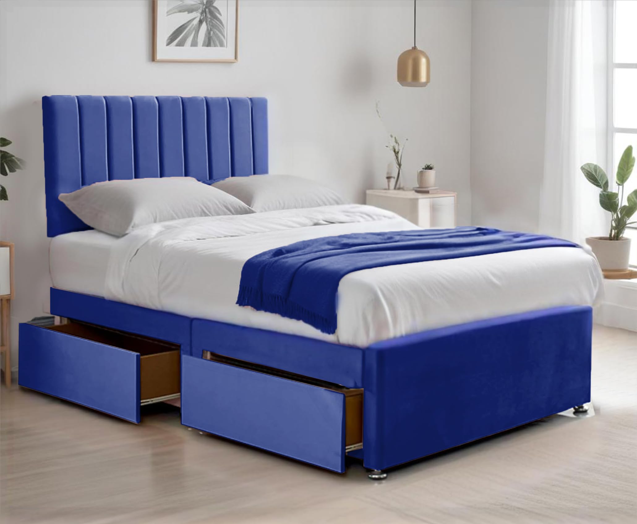 Navy Blue Plush Divan 4FT6 Double Bed Frame | Double Bed and Mattress ...