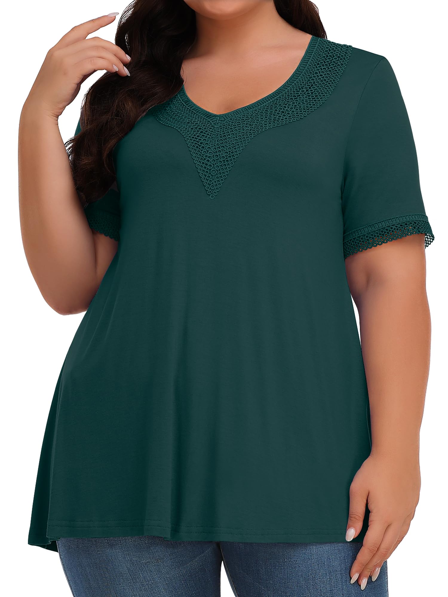 XL - Womens Plus Size Tops Summer Short Sleeve Shirts V Neck Lace ...