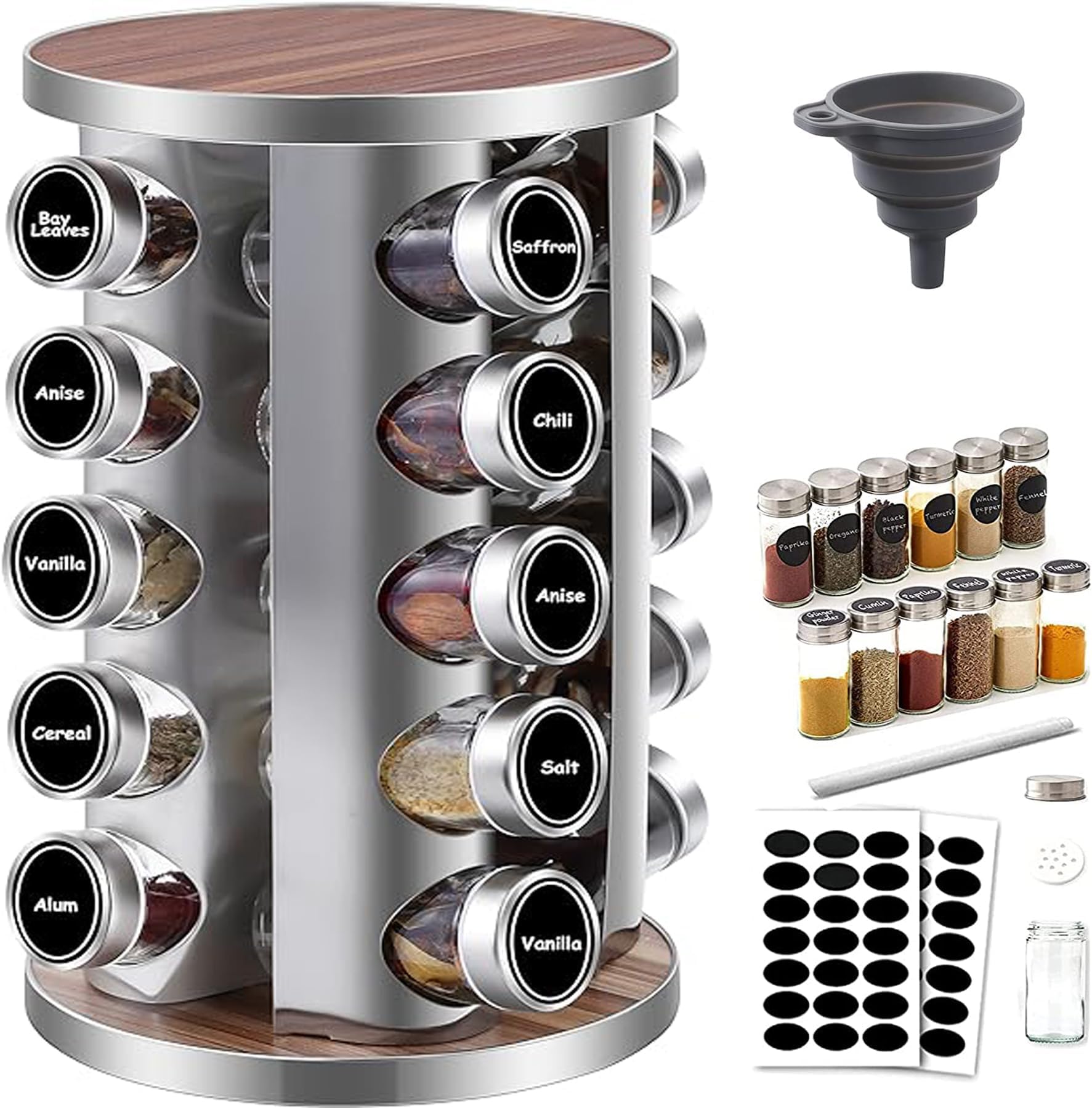 BELLE VOUS Rotating Spice Rack with 20 Glass Jars, Lids, Pen & Labels ...