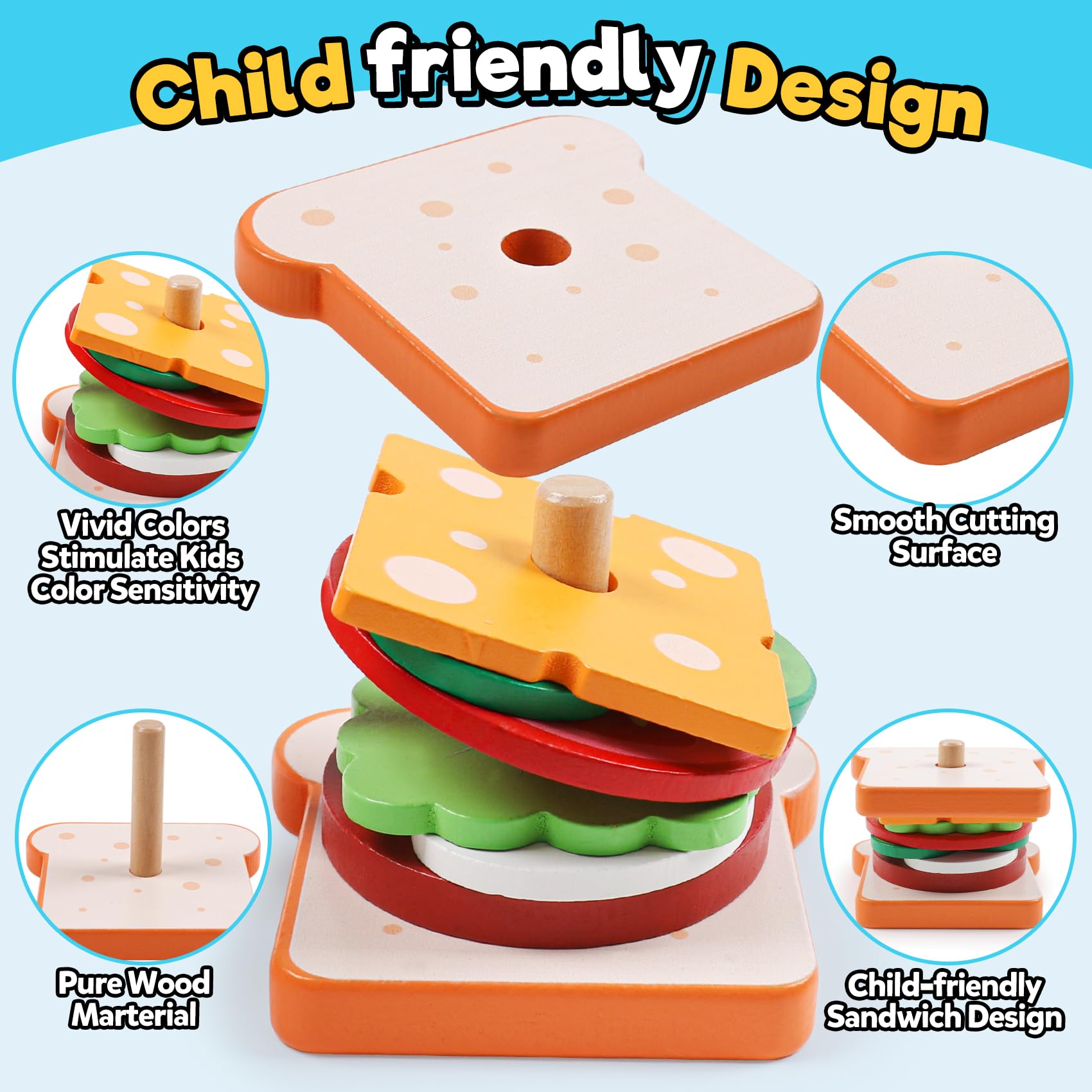 Snapklik.com : Kizh Wooden Sandwich Sorting Stacking Toys Play Food Set ...