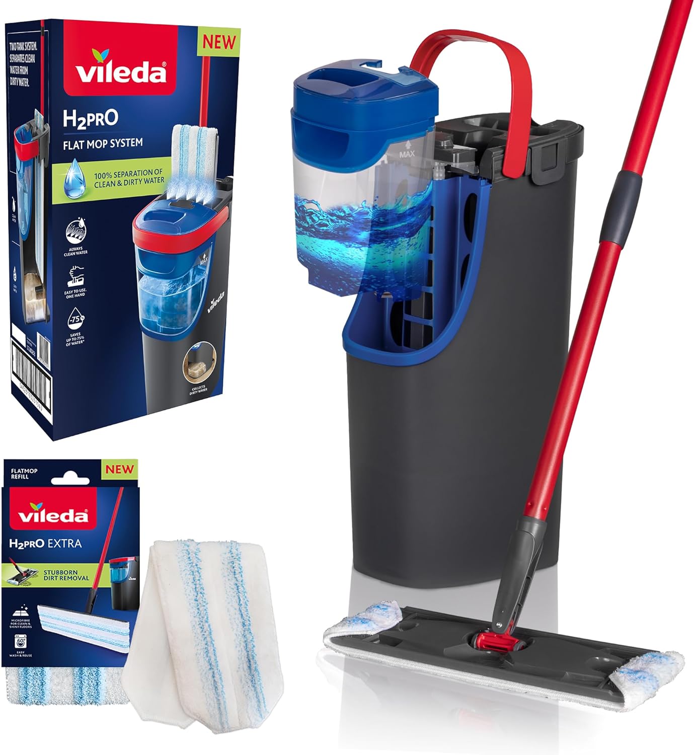Vileda H2PrO Flat Mop And Bucket Set With 1 Additional Mop Head Refill ...