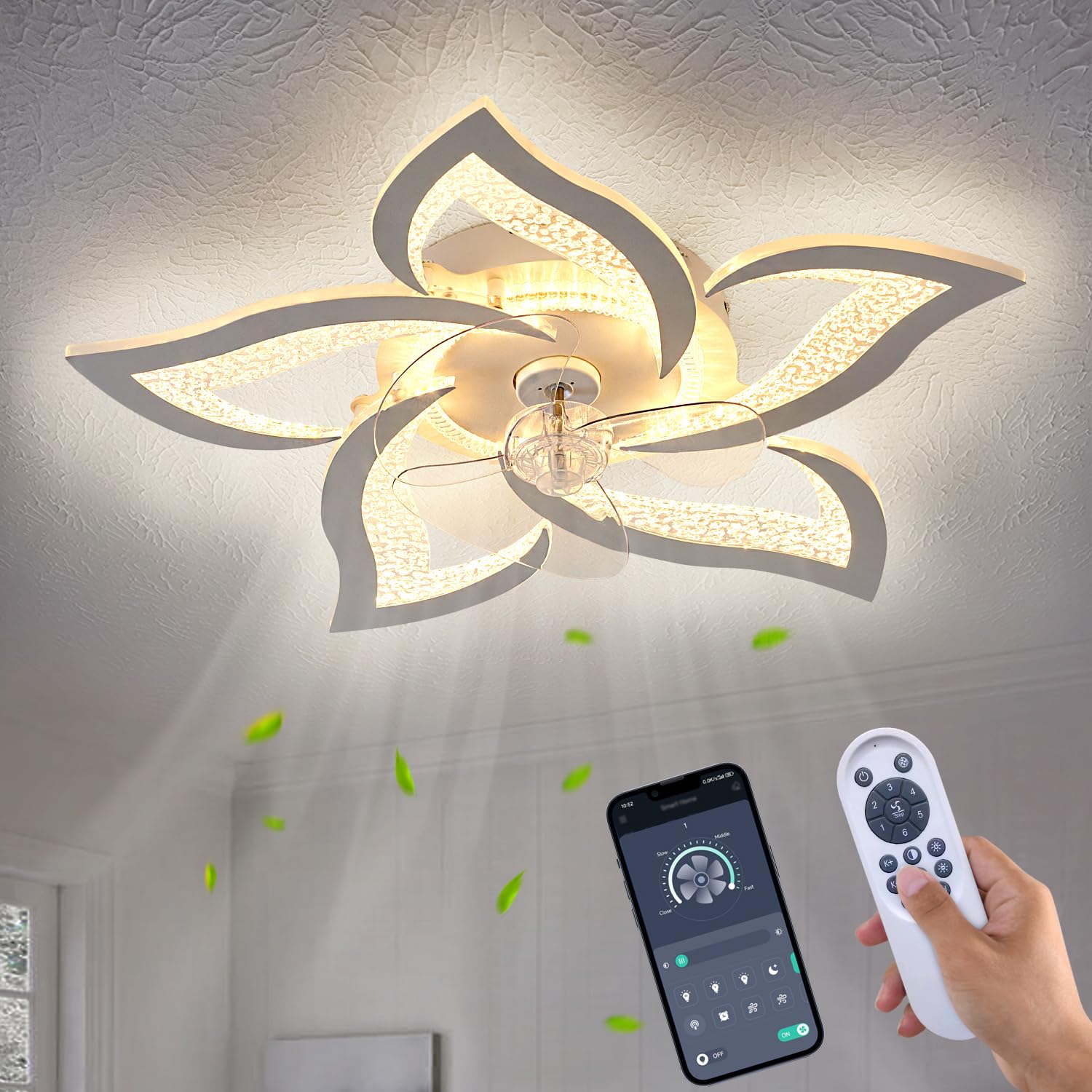 haodengshi Geometric Ceiling Fan with Lights, 27" White Ceiling Fan ...