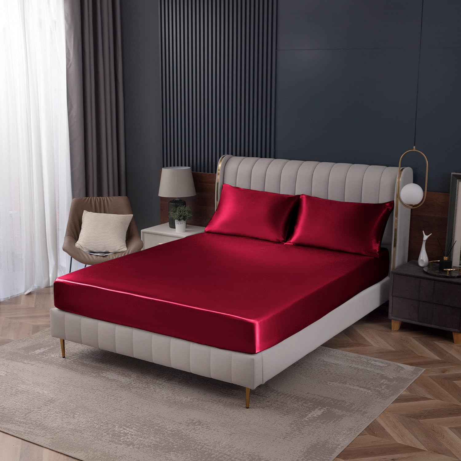 Amazon.com: Homiest Burgundy Satin Fitted Sheet King Size Fitted Bed ...