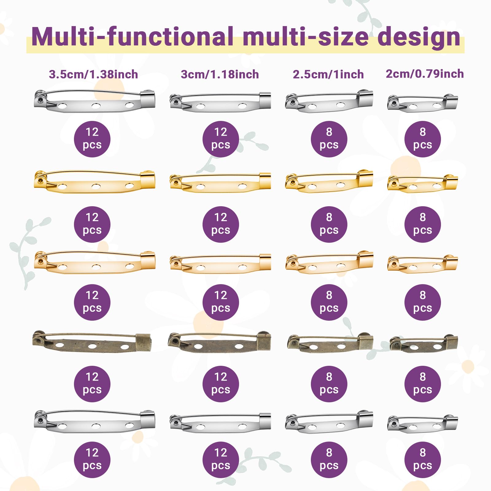 Snapklik.com : 200 Pcs 4 Sizes Brooch Pin Backs For Craft 5 Colors ...