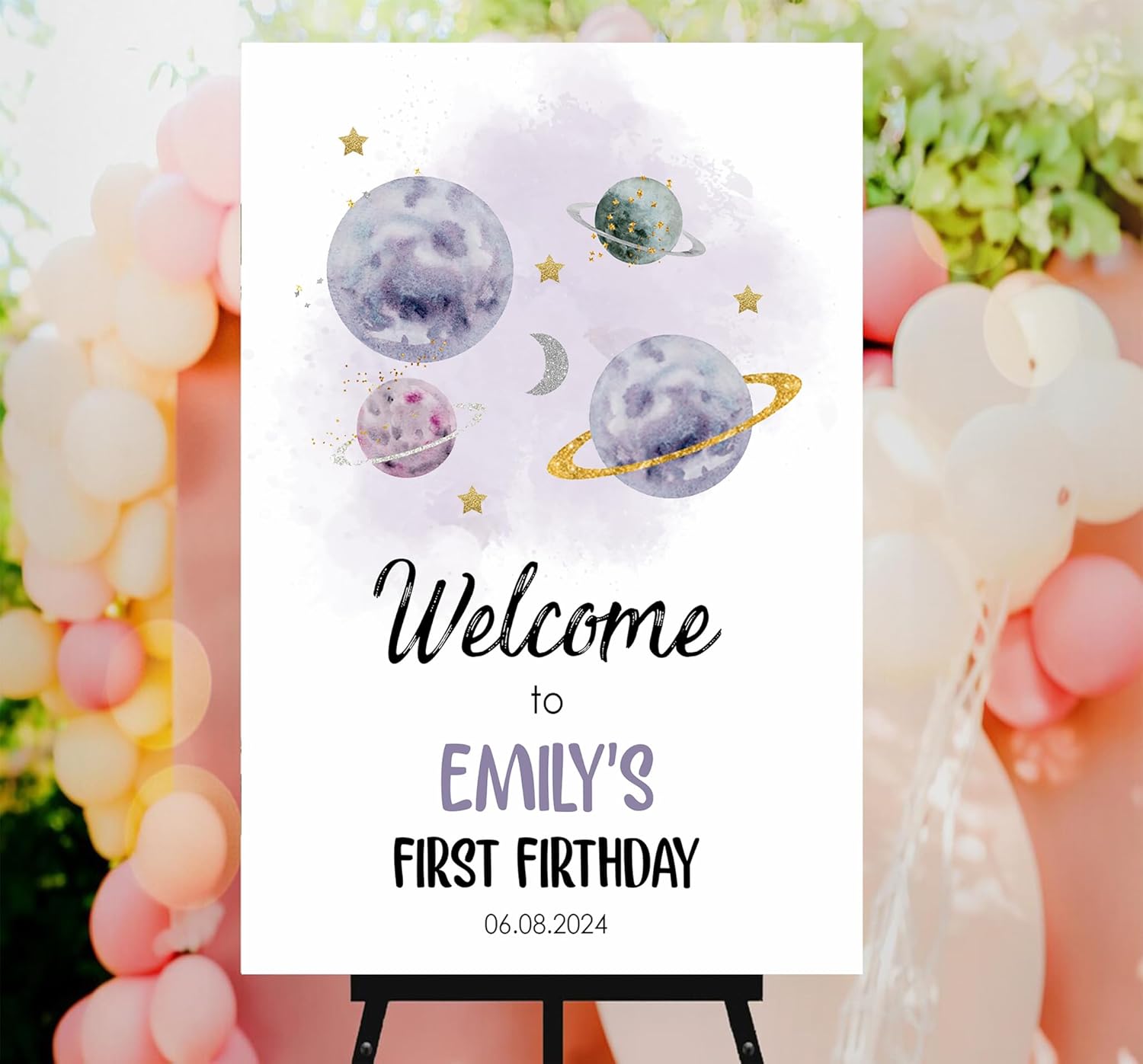 Amazon.com : Personalized Outer Space First Birthday Sign, Happy 1St ...