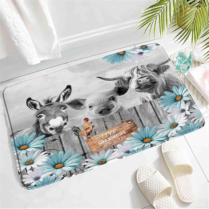 Amazon.com: Farmhouse Animal Bath Mat,Rustic Teal Daisy Flower Funny ...