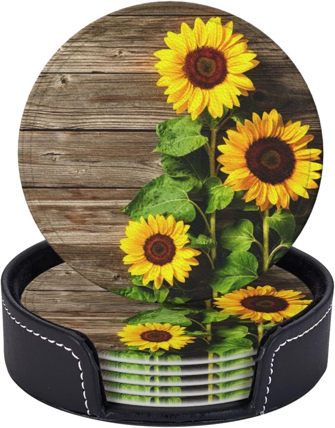 Amazon.com: Famame Three Sunflowers Floral Leather Coasters for Drinks with Holder Coaster Sets ...