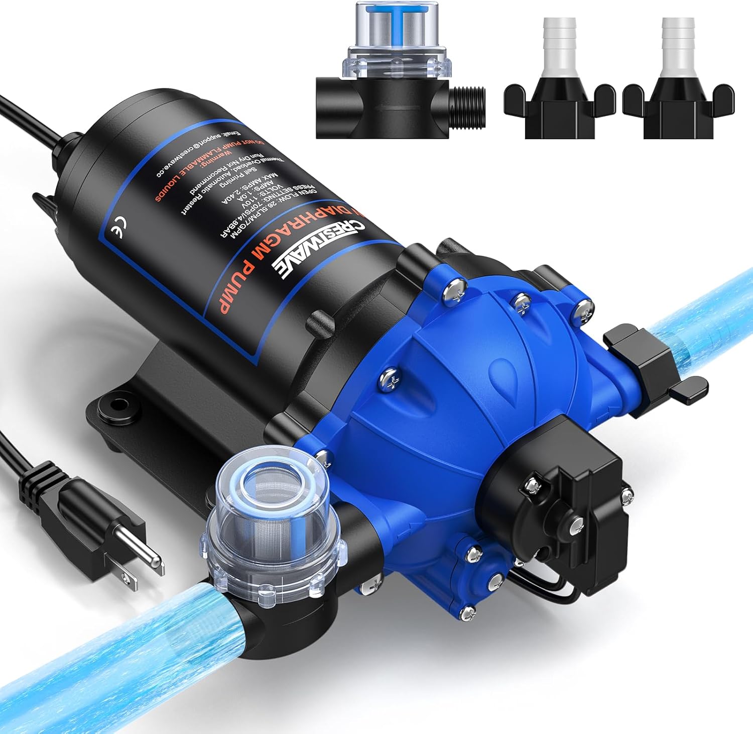 CrestWave Fresh Water Pump 7GPM 70PSI, 110V AC, Upgraded Five Chamber Self-Priming Diaphragm ...