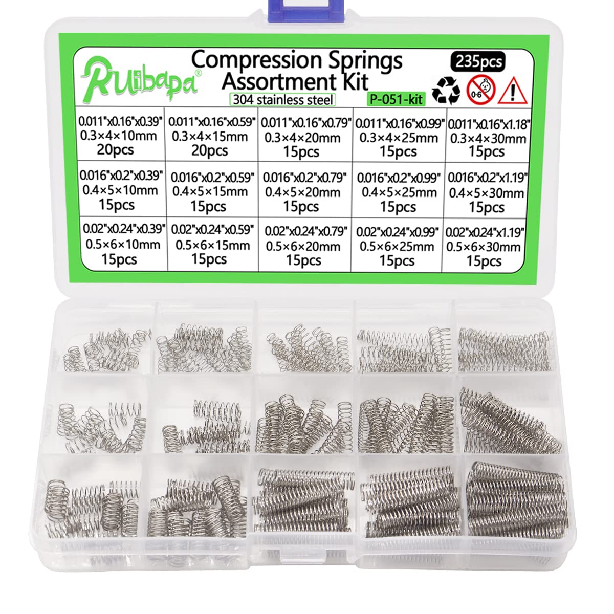Ruibapa 235PCS Compression Springs Assortment Kit 304 Stainless Steel ...