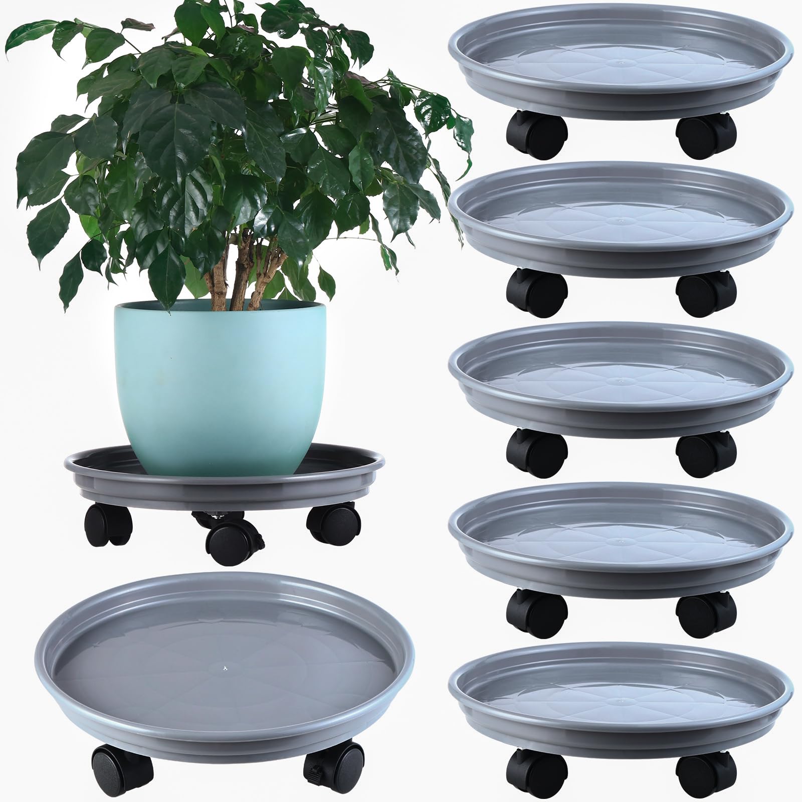 6 Packs Plant Caddy with Wheels 12" Plastic Rolling Plant Stands Heavy ...