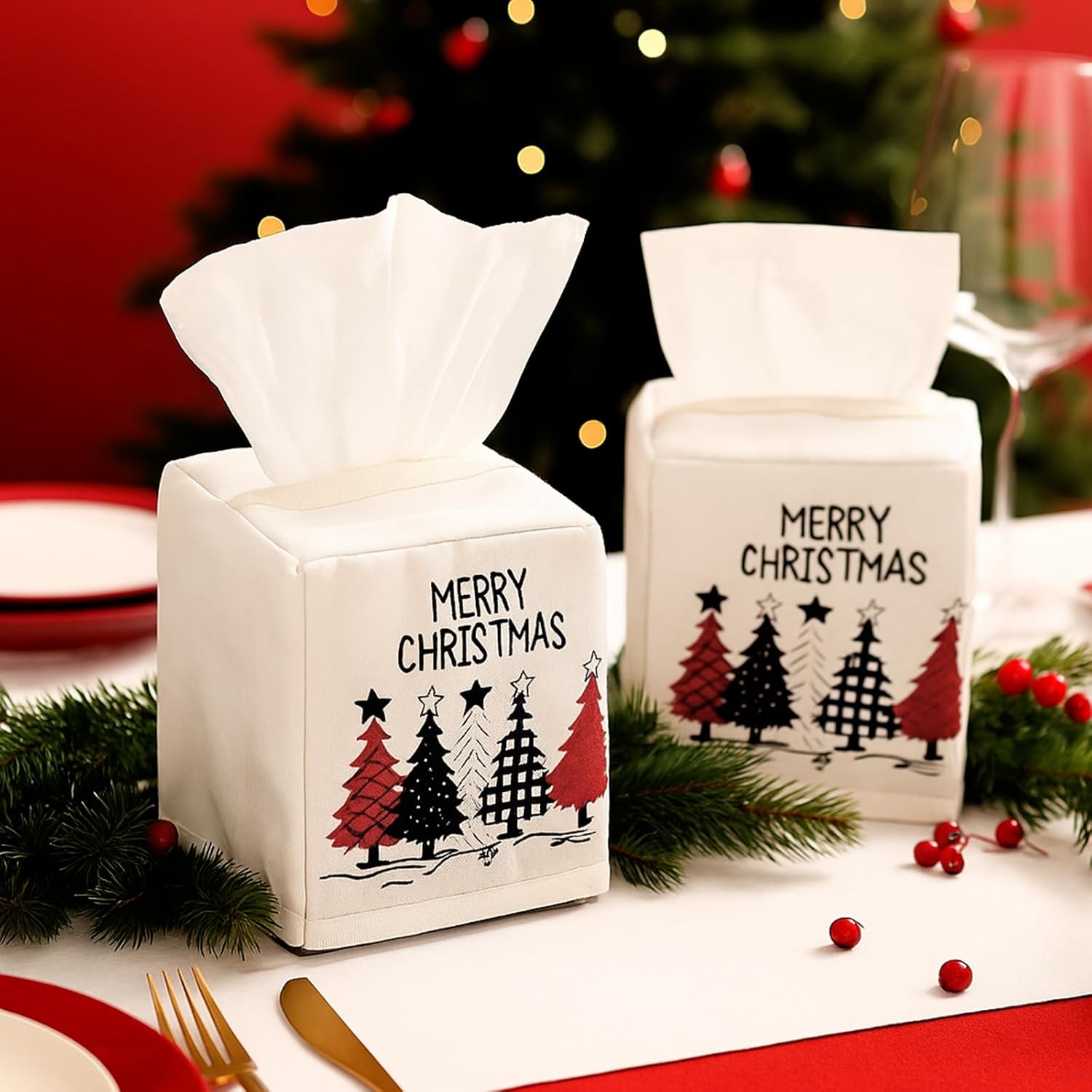 Amazon.com: Reallnaive 2 Pcs Christmas Tree Tissue Box Cover Polyester ...