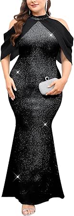 Amazon.com: CYCLAMEN Vestido largo brillante de talla grande, vestido de noche formal, cuello ...