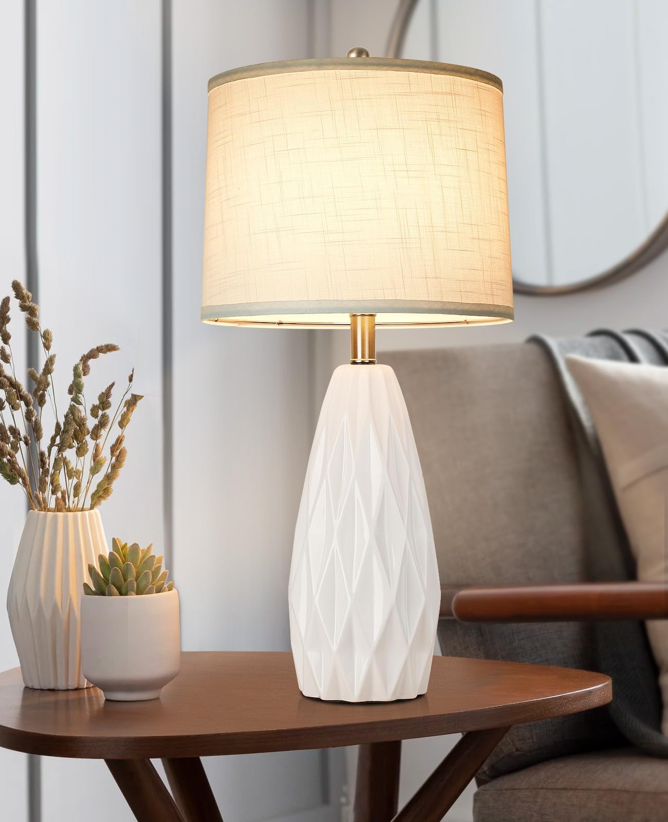 JUNNAI Table Lamp 25", Ceramic Desk White Lamp for Living Room Bedroom ...