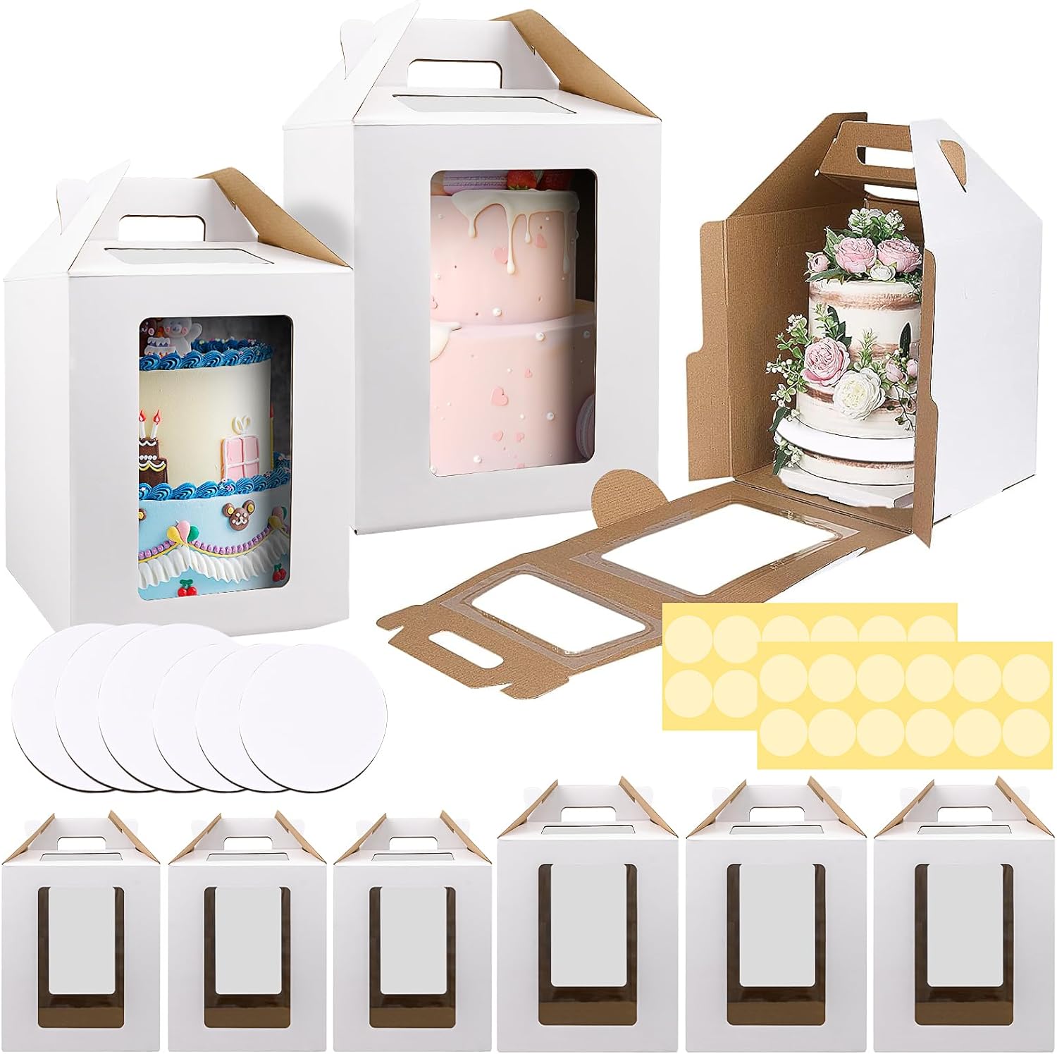 6Pack Tall Cake Boxes with Window 10 x 10 x 12 & 12 x 12 x 14 + 6 Cake ...