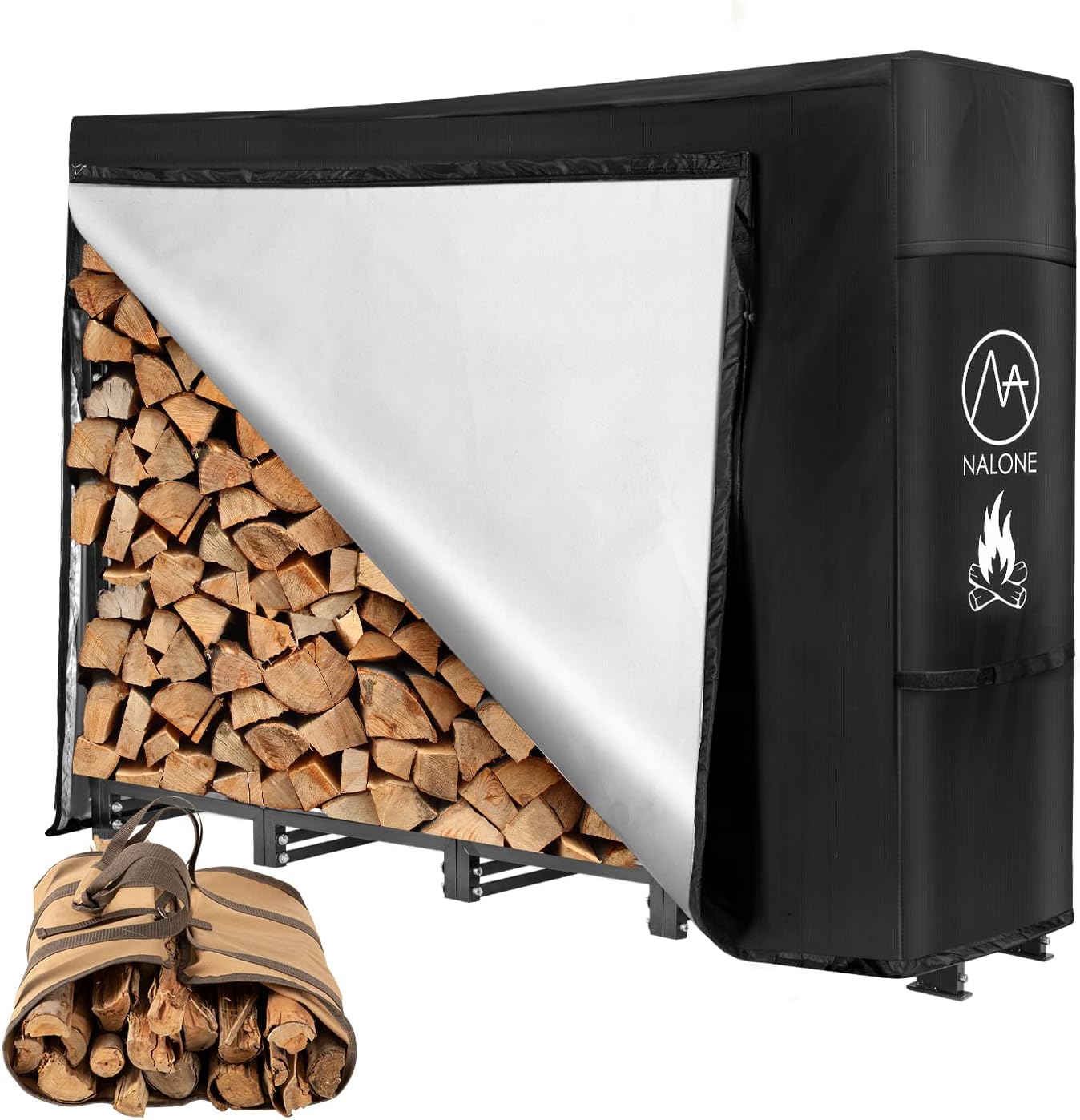 NALONE 8FT Outdoor Firewood Rack with Cover&Carry Bag Heavy Duty Square ...