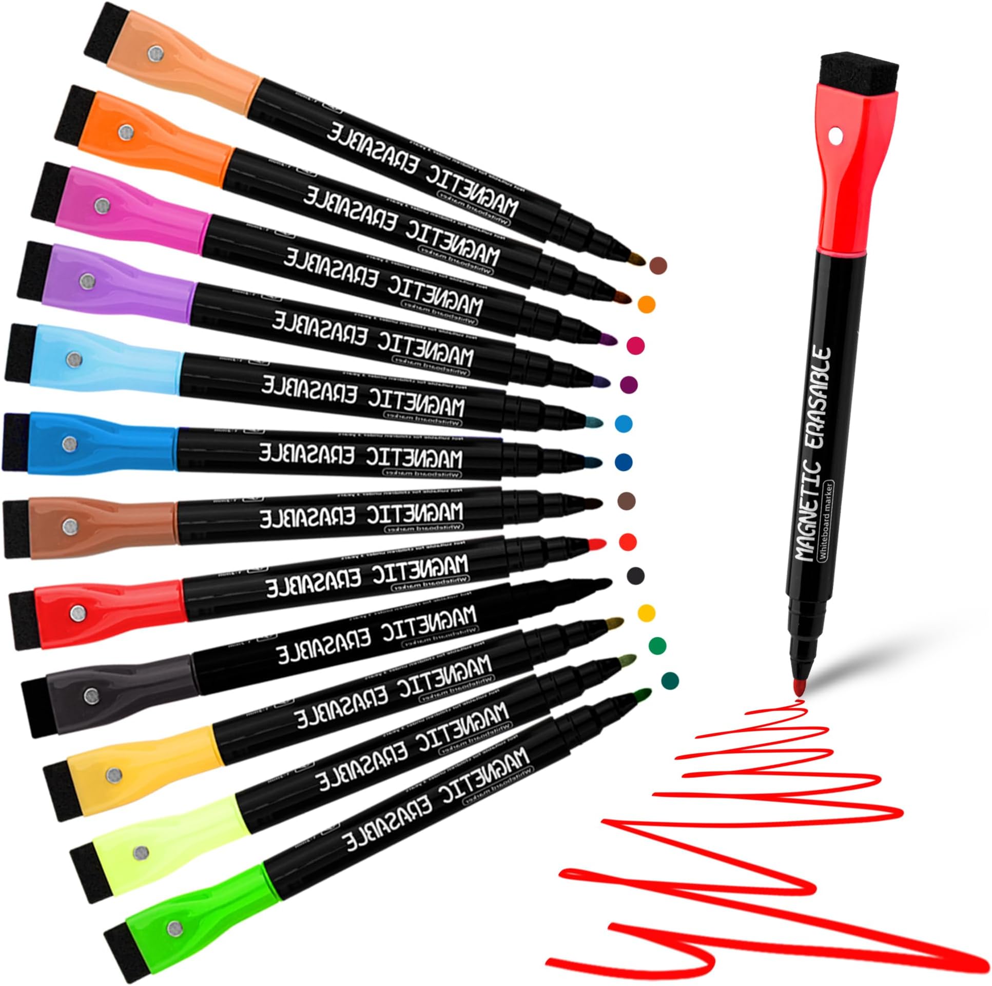 YUNAI Whiteboard Markers Magnetic with Eraser, 12 Pieces Fine Tip Dry Erase Marker Assorted ...