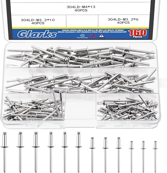 Glarks 160Pcs M3.2/M4/M4.8 Blind Rivets 304 Stainless Steel Pop Rivets ...