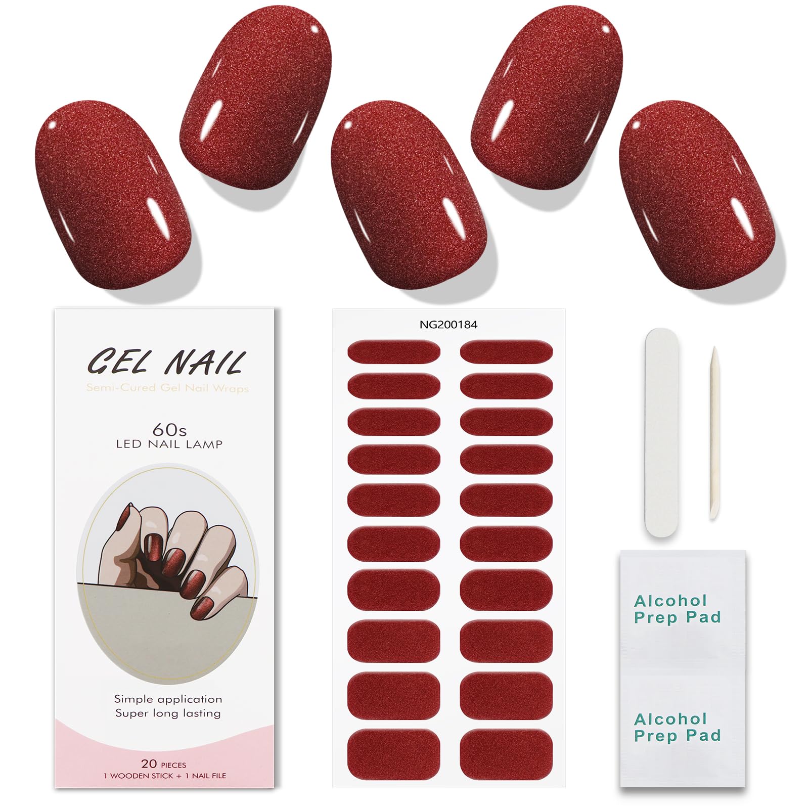 Amazon.com: JMEOWIO Gel Nail Stickers Wine Red Glitter Semi Cured Gel ...