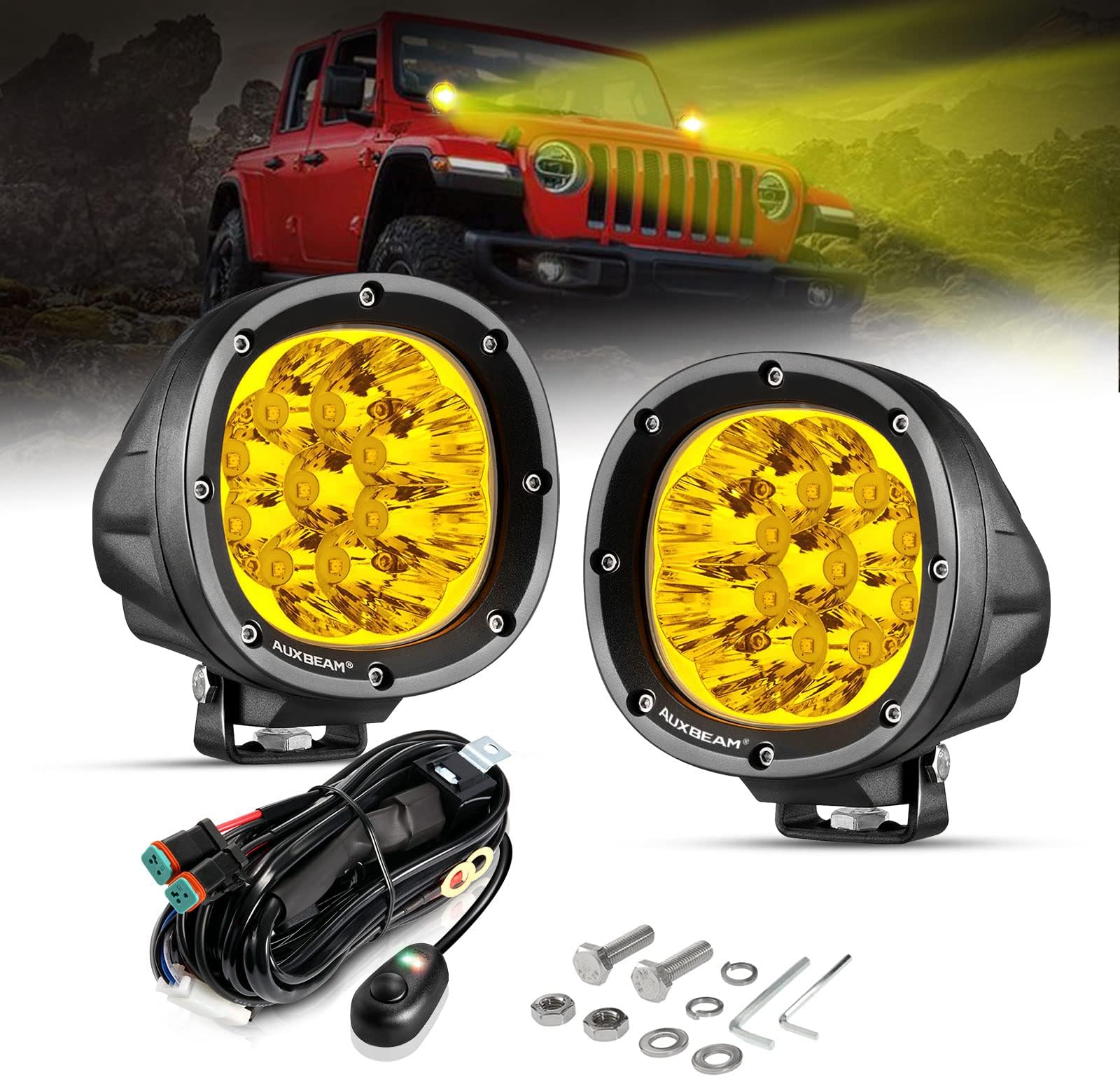 Auxbeam LED Amber Fog Lights 4Inch 90W Round LED Offroad Lights 9000LM ...