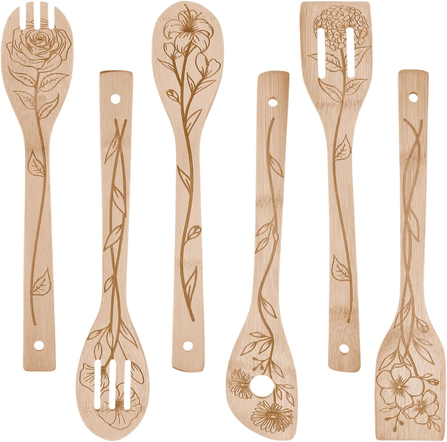 Amazon.com: GLOBLELAND 6Pcs Floral Bamboo Cooking Utensils Wooden ...
