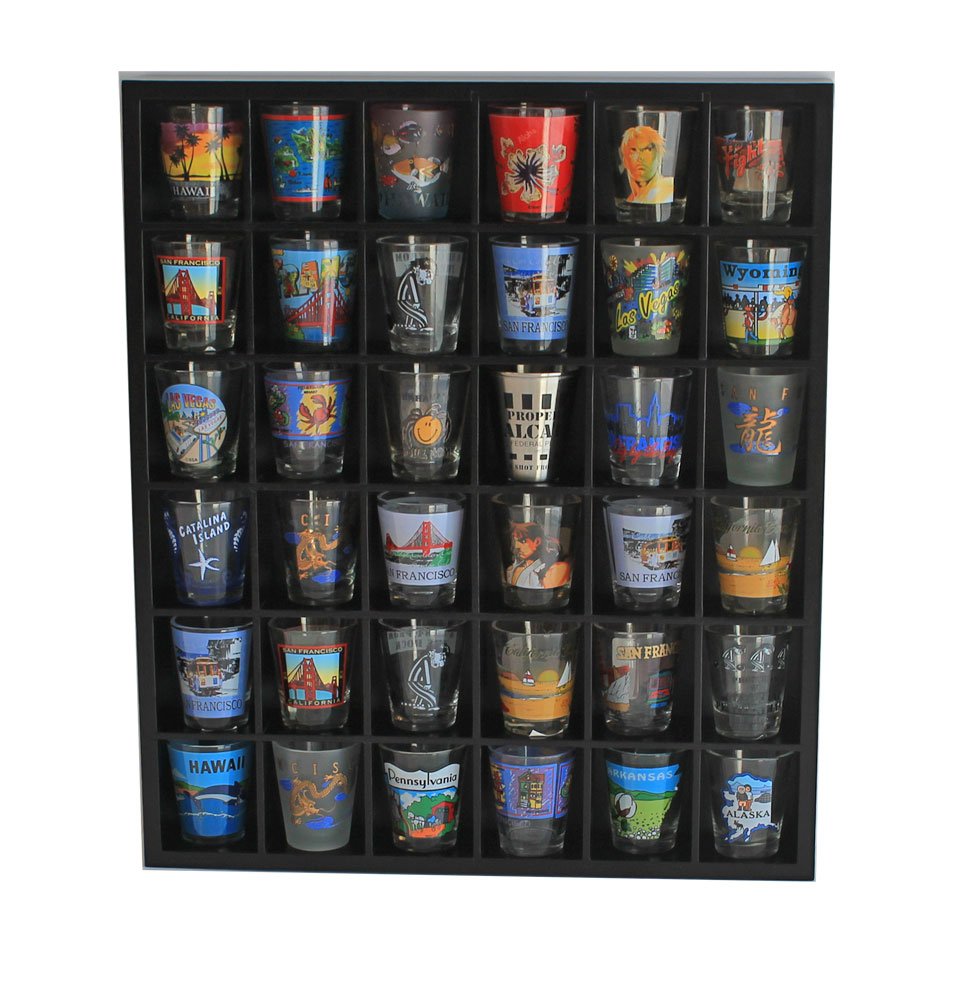 Buy DisplayGifts Black Shot Glass Display Case 36 Slots Shelves Wall ...