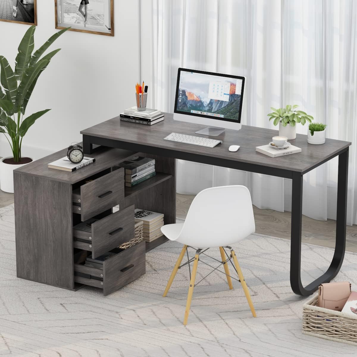 Amazon.com: FUFU&GAGA Large 55.1" L-Shaped Office Desk with 41.3" File ...