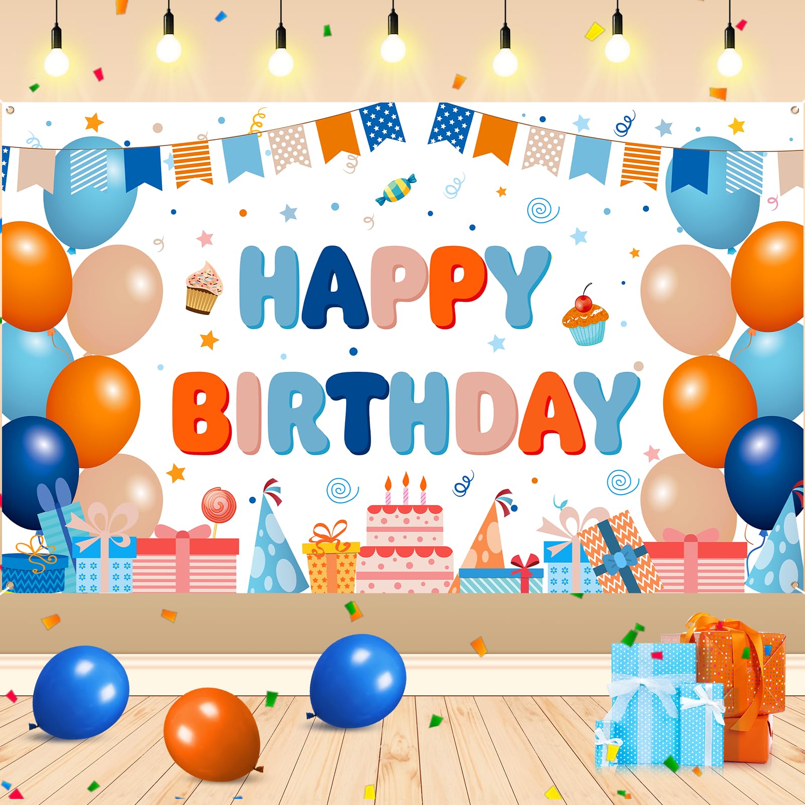 Amazon.com: Blue and Orange Birthday Banner Decorations for Boys Light ...