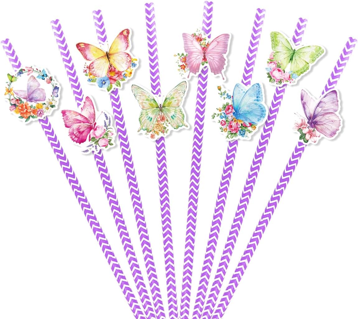 Amazon.com: Konsait 24 Pack Paper Butterfly Straws, Butterfly Floral ...