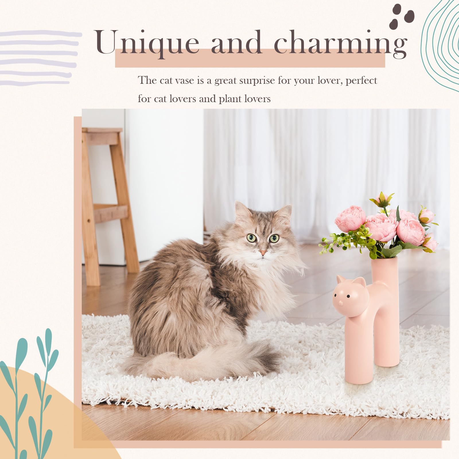 Bokon 2 Pcs Cat Shaped Ceramic Flower Vase Twist Pipe Shaped Cat Vase ...