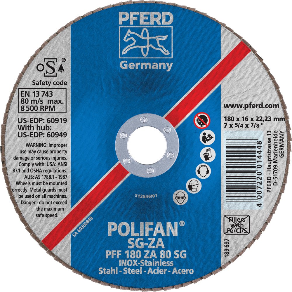 PFERD 60919 Polifan PFF Type 27 Flat Flap Disc, Zirconia Alumina/Aluminum Oxide, 7" Diameter, 7/ ...