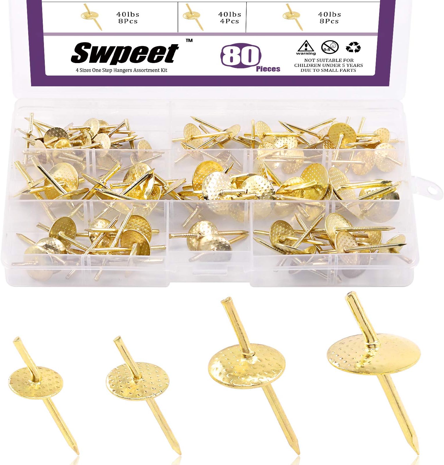 Swpeet 80Pcs 4 Different Sizes Gold Picture Hangers Assortment Kit ...