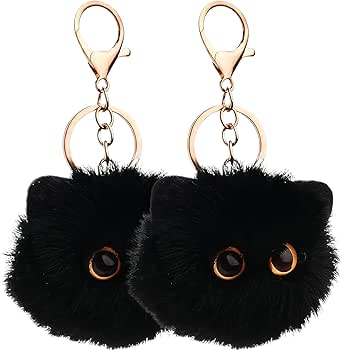 2Pcs Cat Keychain Cute Plush Keychain 3 Inch Black Ball Cat Keychain ...