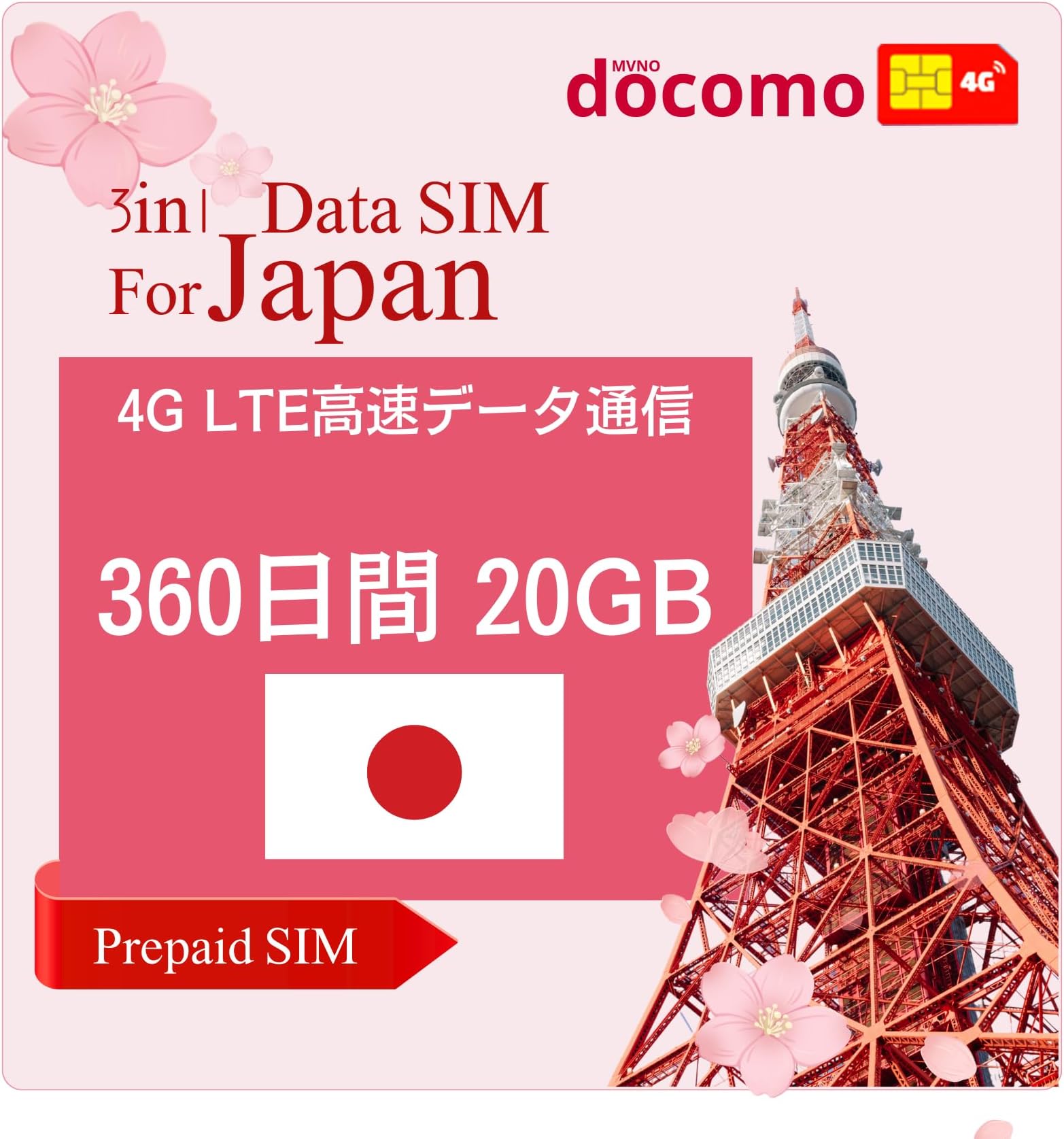 Amazon.co.jp: 【Docomo回線】 日本国内専用 (20GB 360日間有効) データ通信専用 4G LTE プリペイドSIM データSIM テザリング対応 契約不要 使い捨て型 ...