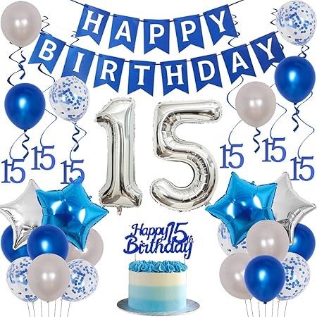 Amazon.com: Kauayurk Blue Silver 15th Birthday Banner Decorations for ...