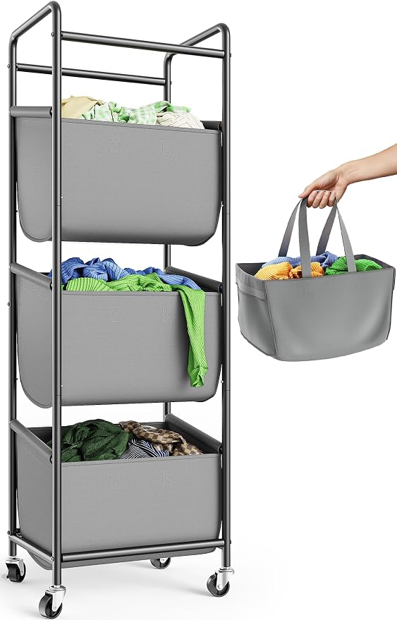 3 Section Laundry Sorter with Removable Bags, 120L Rolling Vertical ...